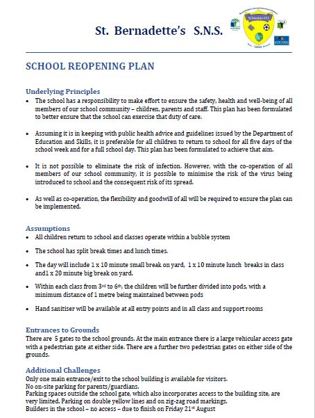 SCHOOL REOPENING PLAN – St. Bernadette's Senior National School