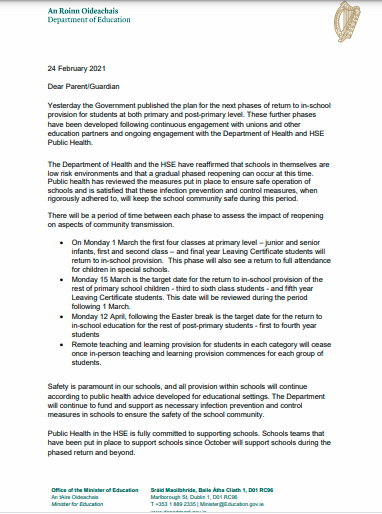 Reopen Schools – letter – St. Bernadette's Senior National School